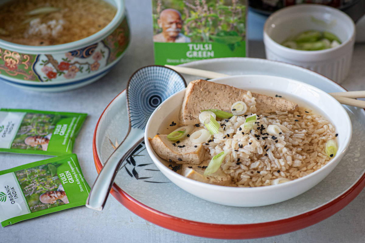 Soothing Green Tea Soup with Rice and Tofu - Organic India